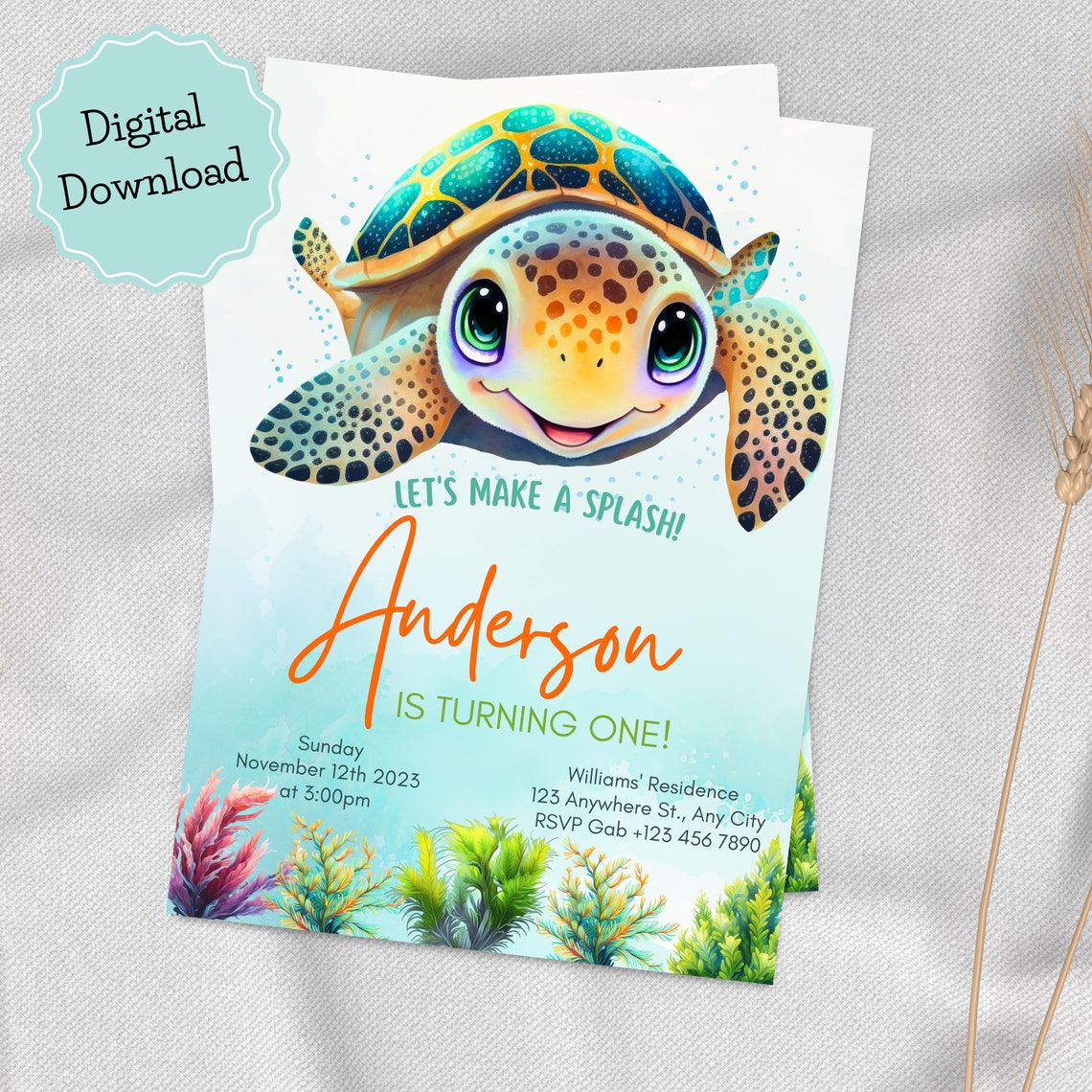Printable Turtle Invitation, Watercolor Turtle Birthday Invite, Turtle ...