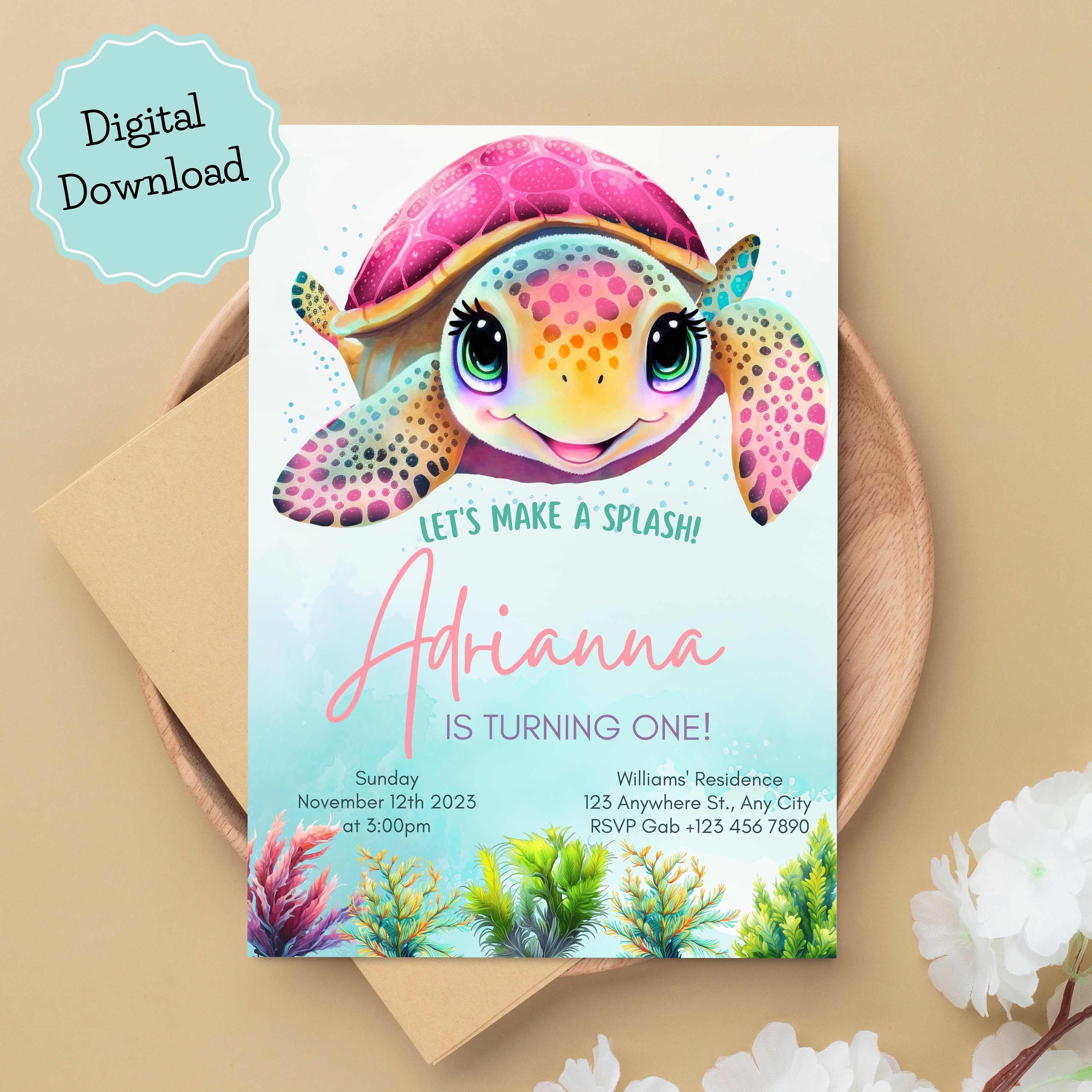 Printable Turtle Invitation, Watercolor Turtle Birthday Invite, Turtle ...
