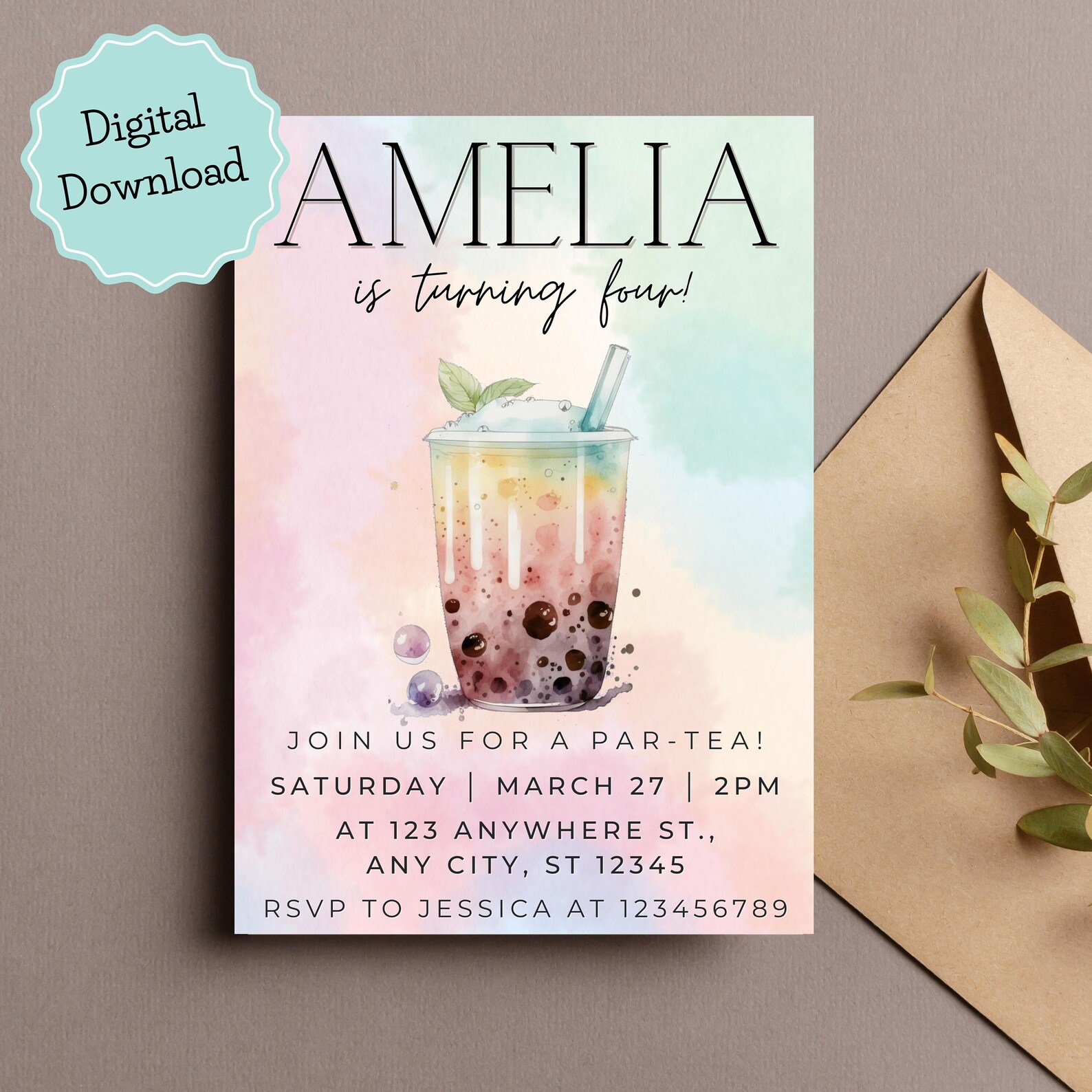 Printable Boba Bubble Tea Birthday Party Invitation, Cute Rainbow ...