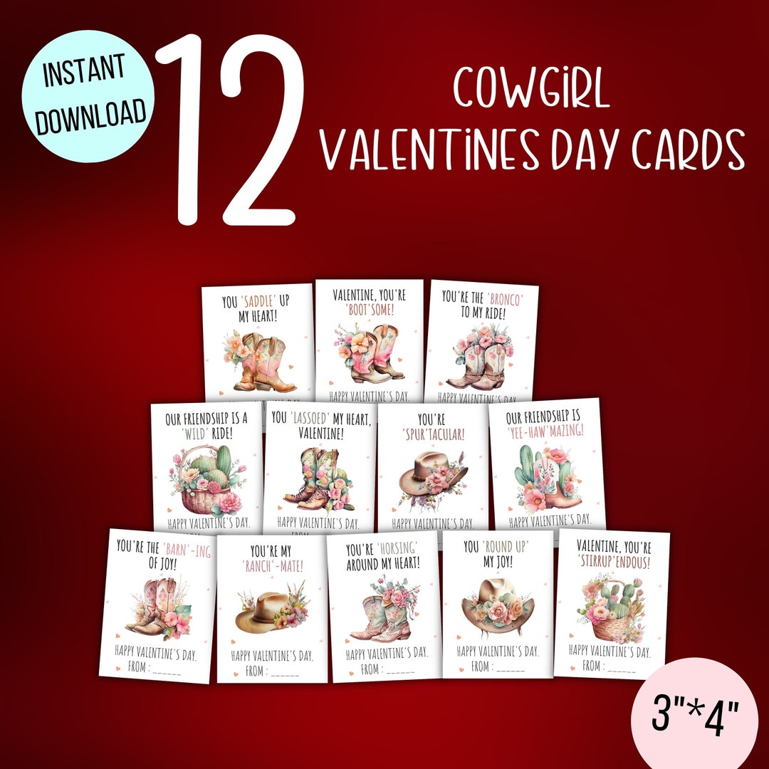 Printable Cowgirl Cowboy Valentines Day Card, Horse Rodeo Western ...