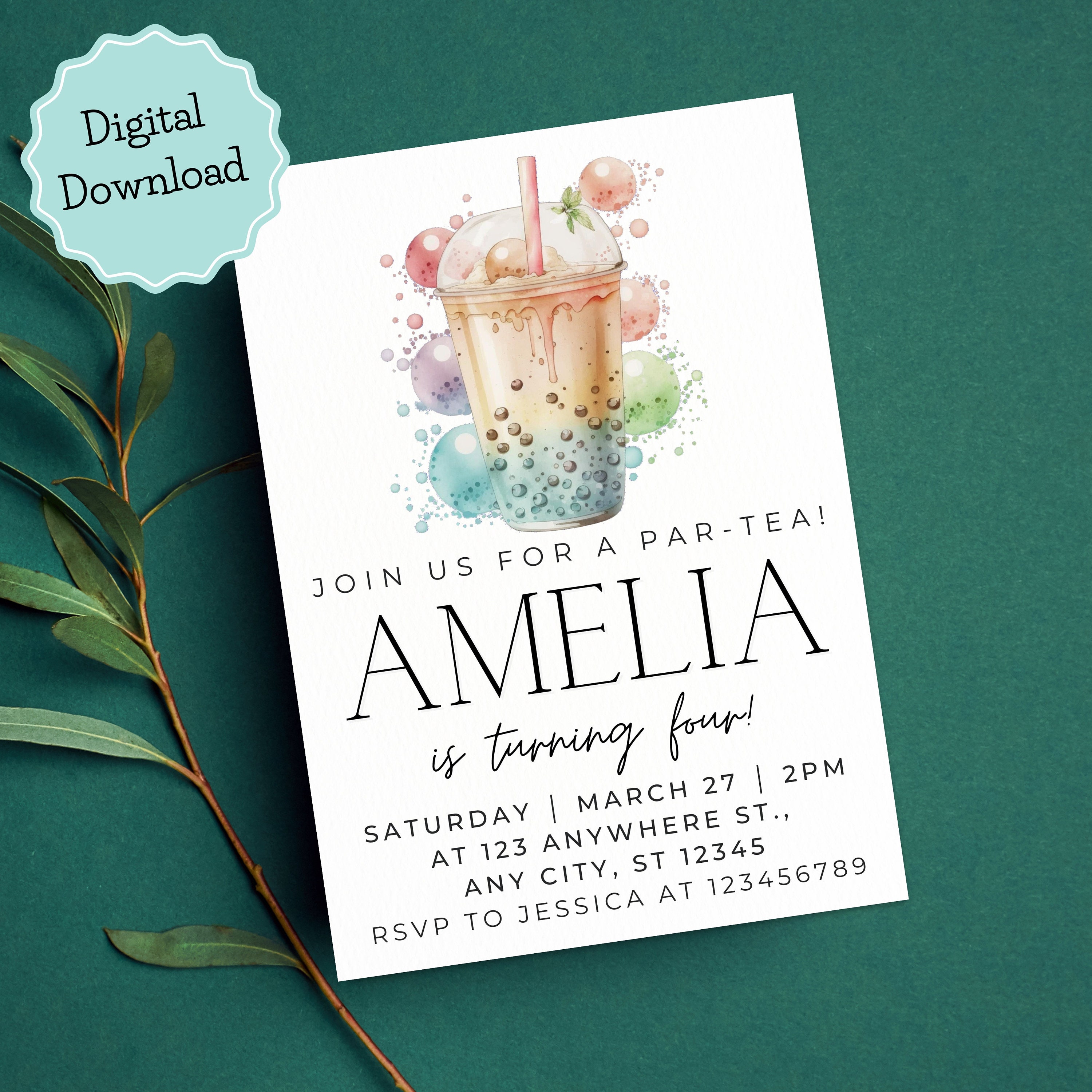 Printable Bubble Tea Birthday Party Invitation, Cute Rainbow Bubble Tea ...