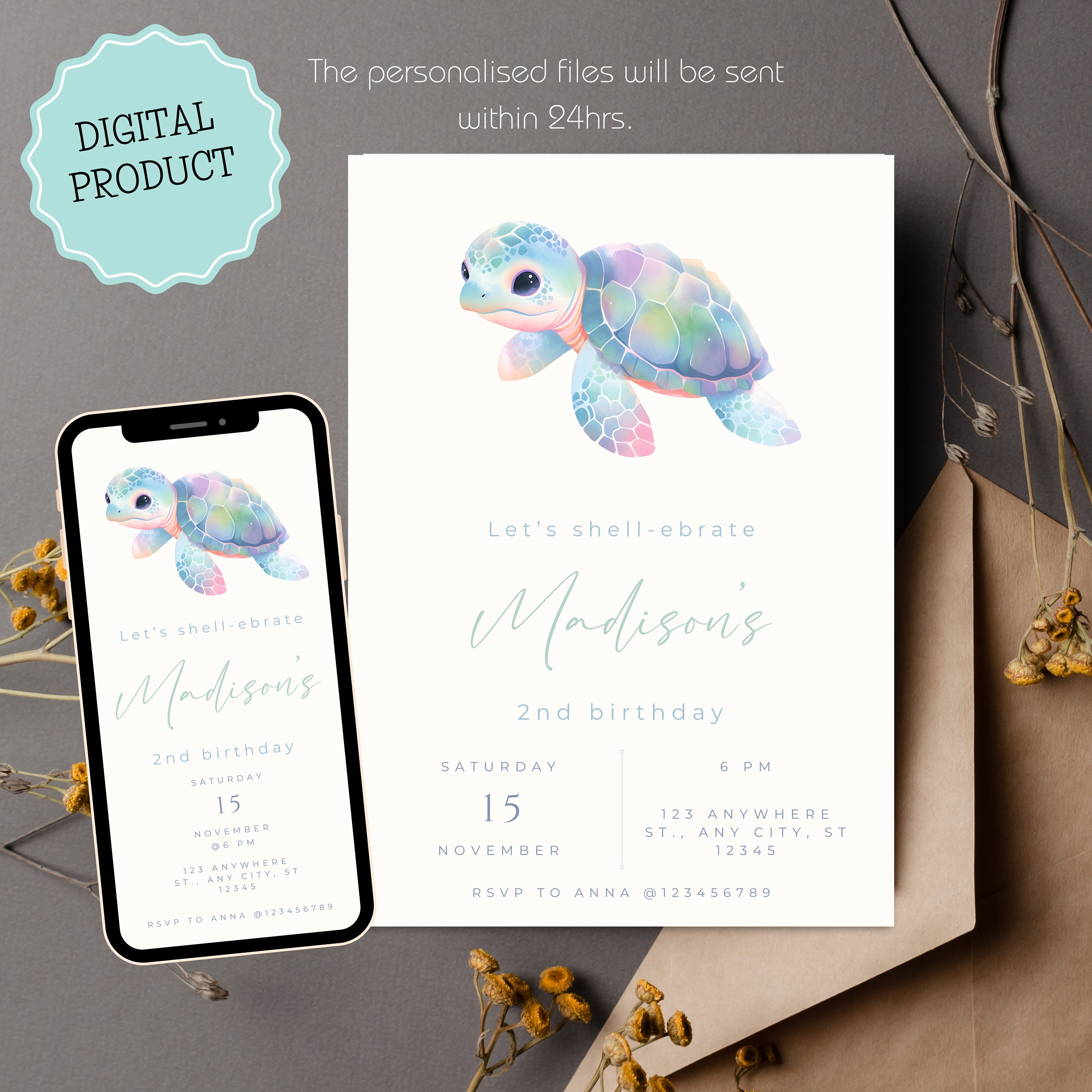 Printable Turtle Invitation, Watercolor Turtle Birthday Invite, Turtle ...