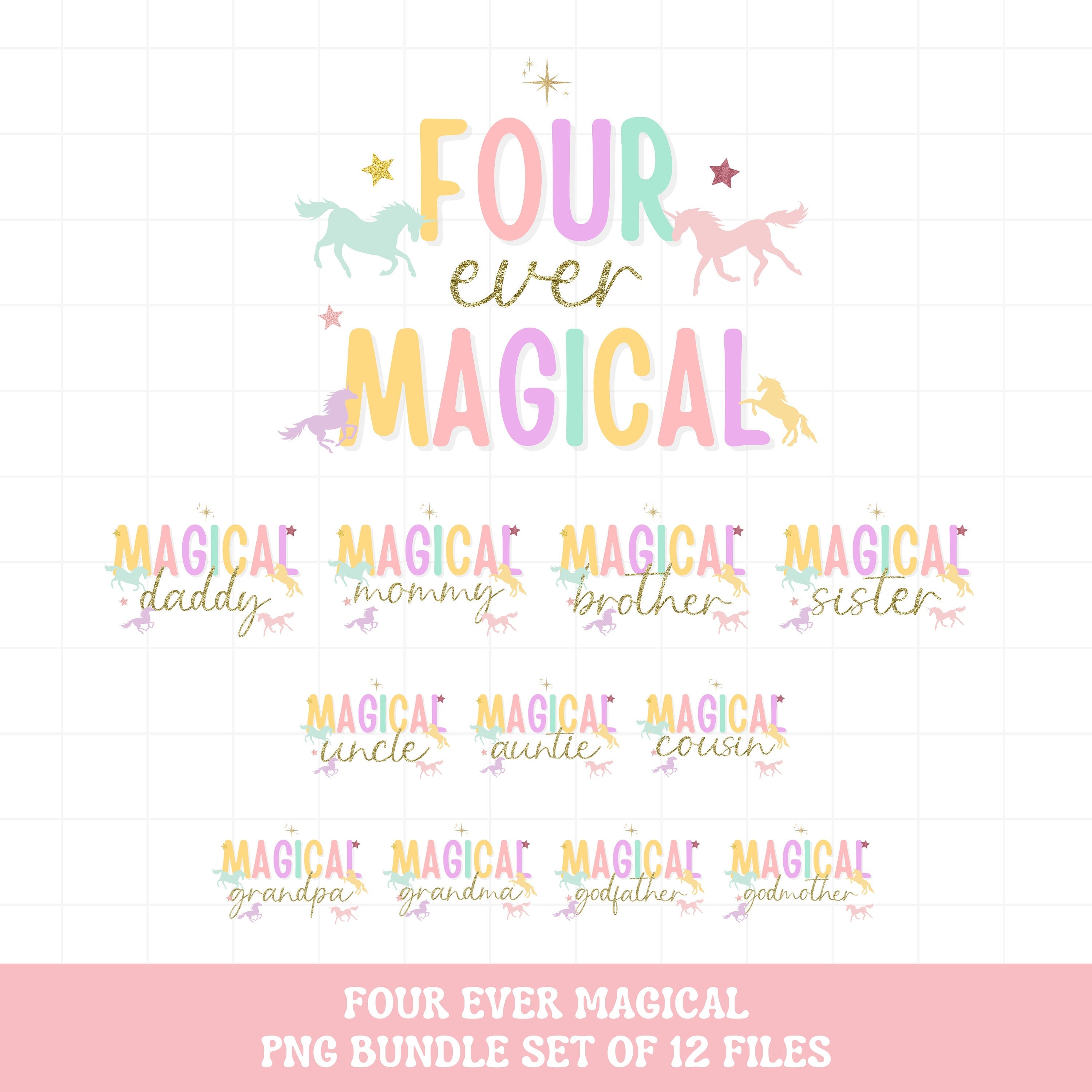 Four Ever Magical Unicorn Birthday PNG Shirts Iron on Transfer Bundle ...