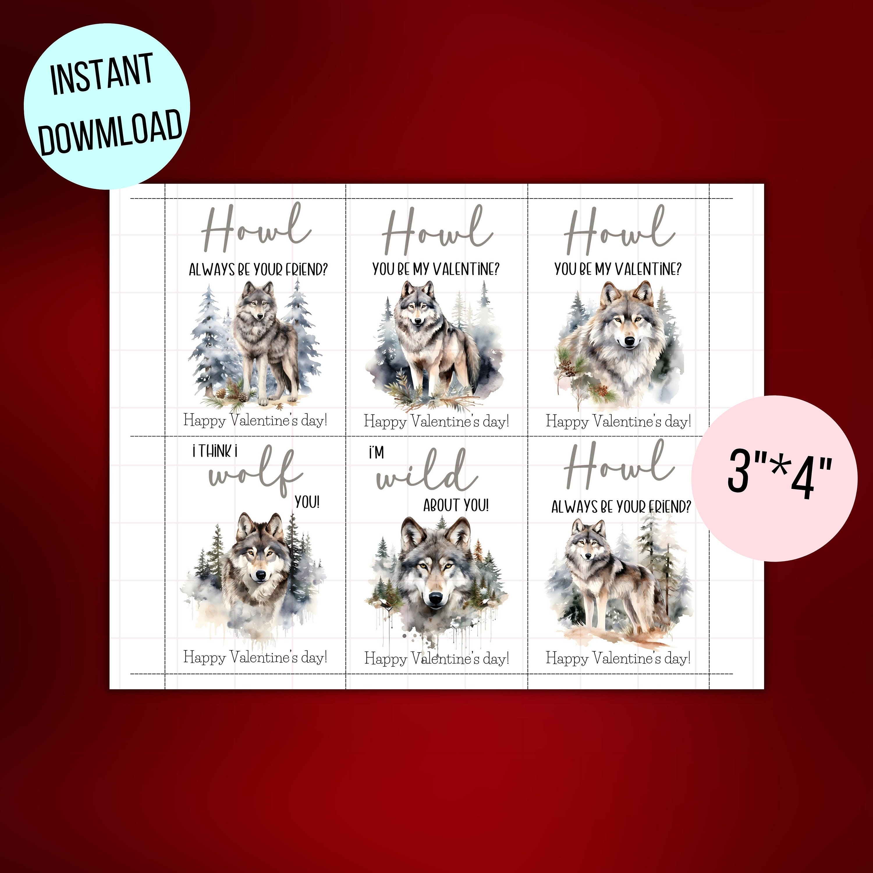 Printable Wild Wolf Valentine's Cards for Kids, Animals Wolf Valentines ...