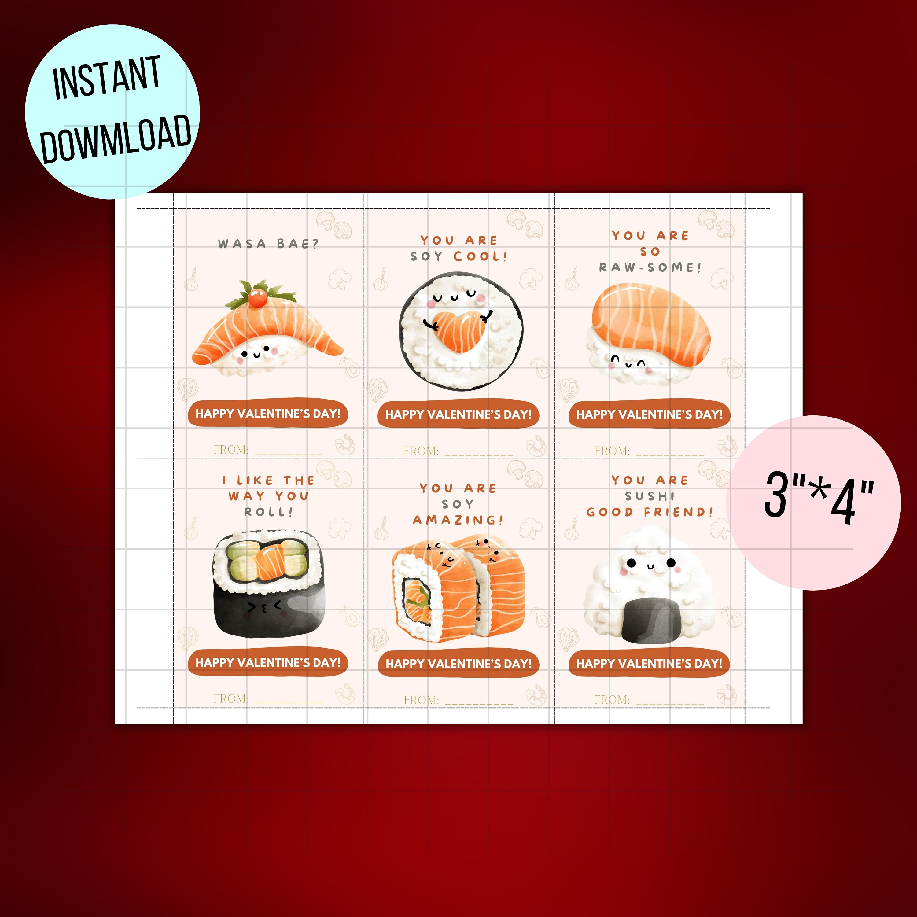 Kids Classroom School Valentines Day Cards, Preschool Sushi Valentines ...