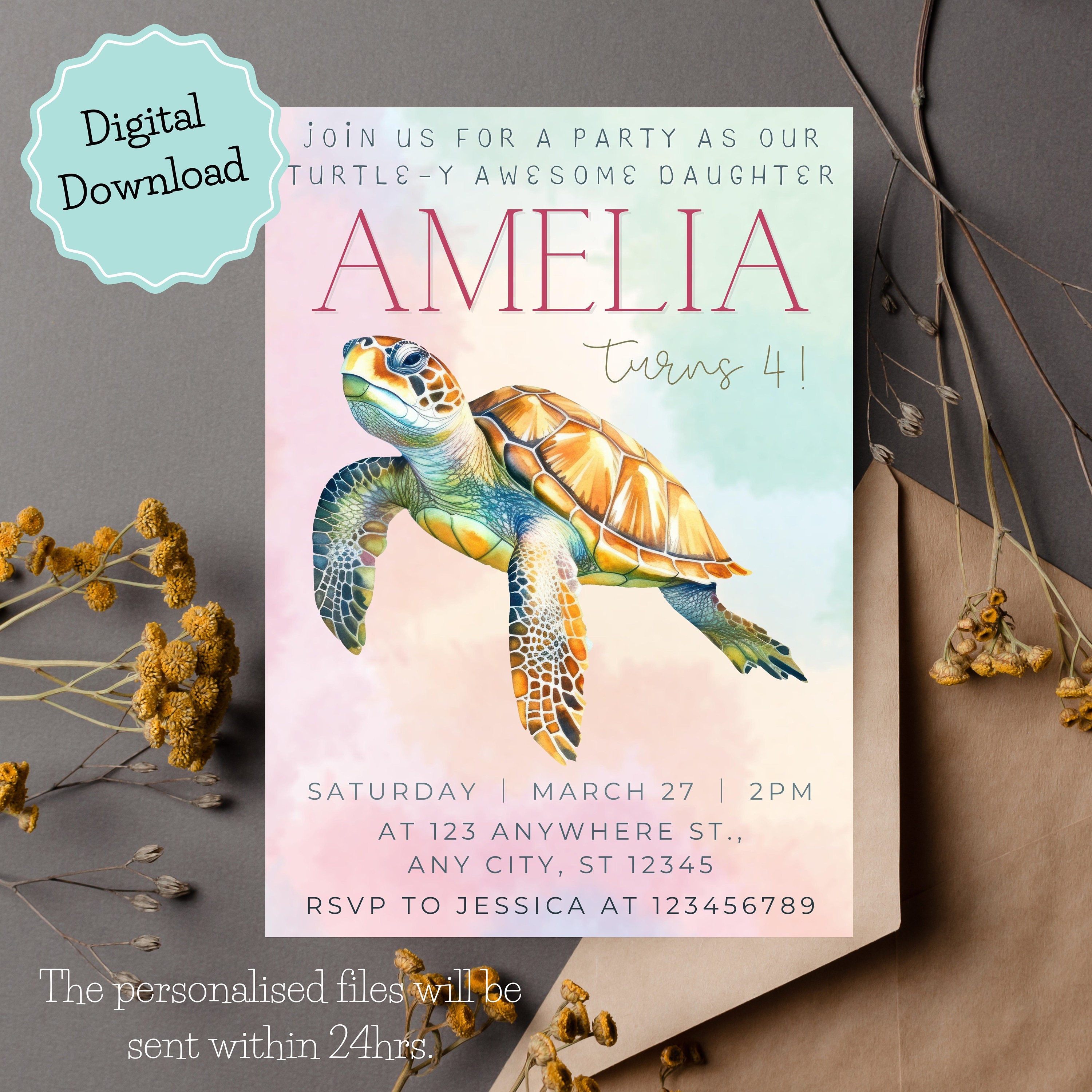 Printable Turtle Invitation Watercolor Turtle Birthday - Etsy