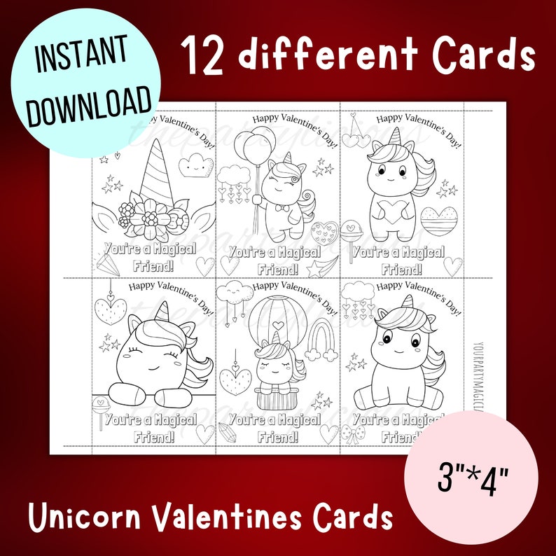 Valentine Coloring Cards for Kids, Color Your Own Valentines, Unicorn ...