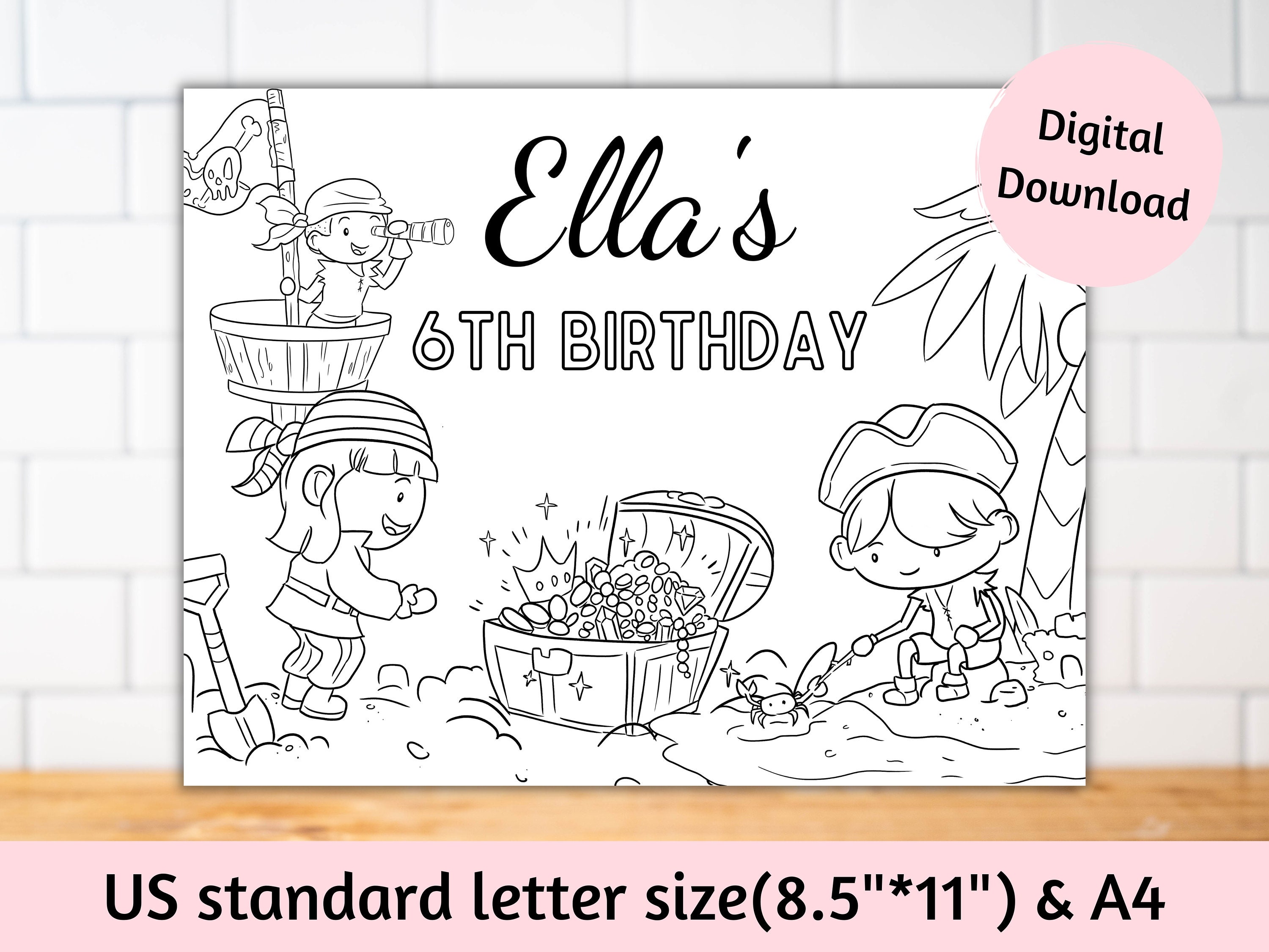 Personalized Kids Pirate Coloring Page Activity Sheet, Pirates Birthday ...