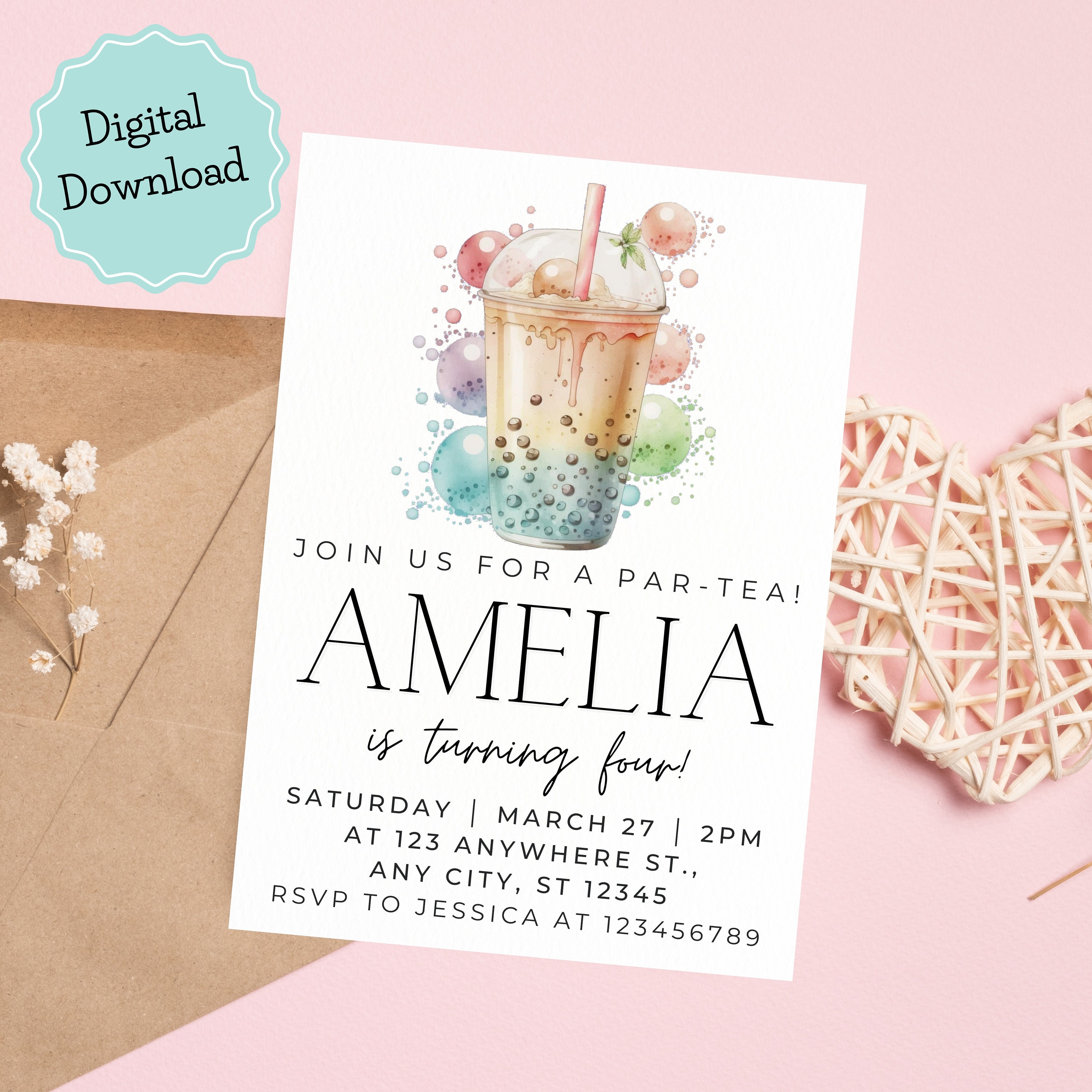 Printable Bubble Tea Birthday Party Invitation, Cute Rainbow Bubble Tea ...
