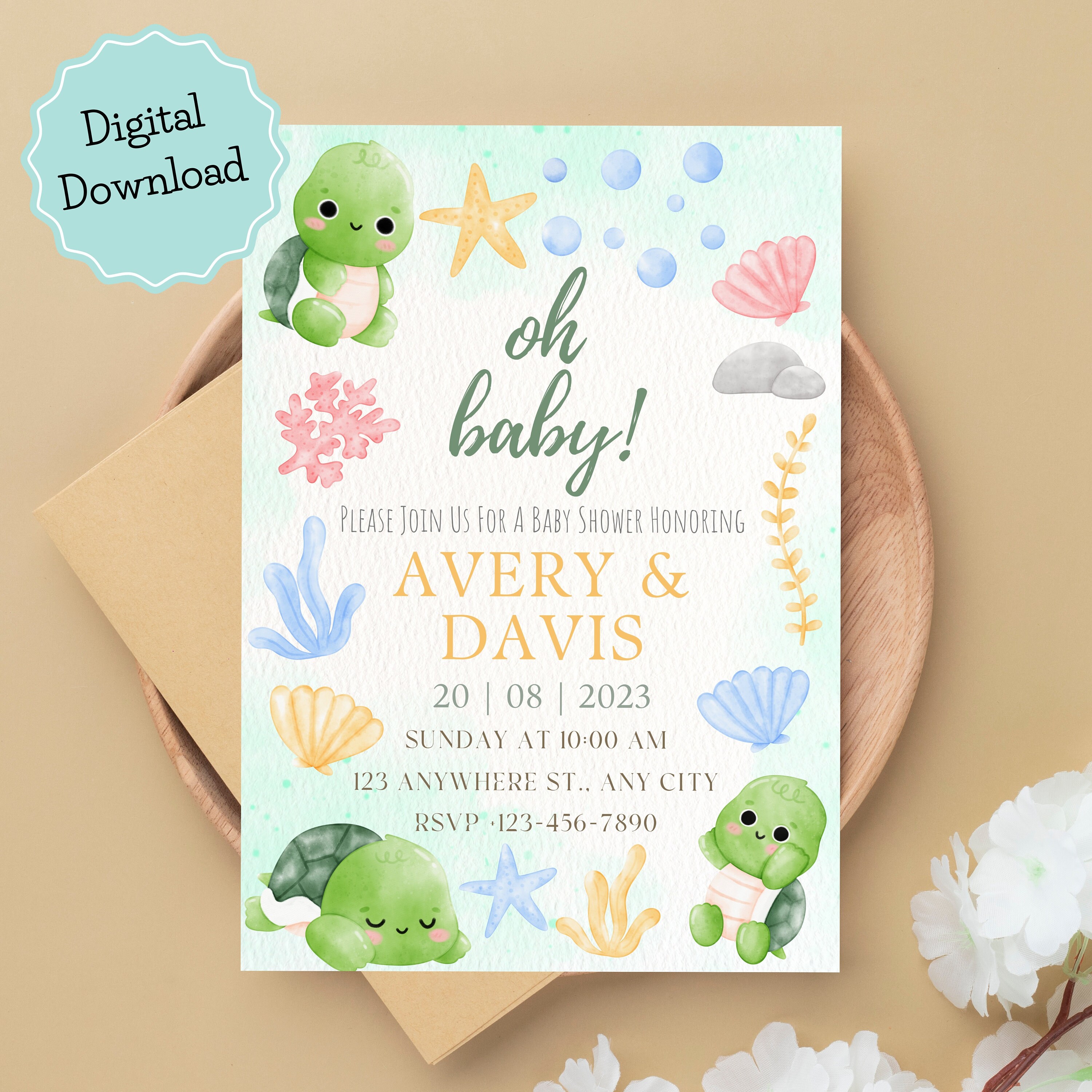 Printable Ocean Sea Turtle Baby Shower Invitation, Watercolor Sea ...