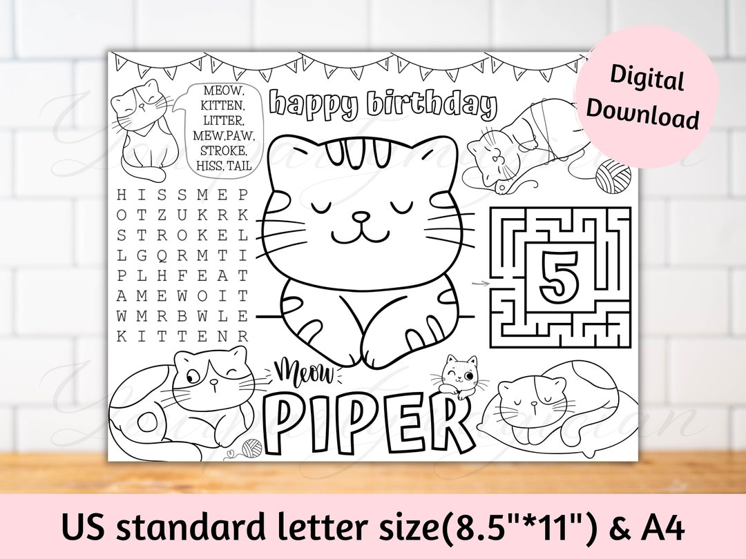 Personalized Cat Activity Sheet Kitty Birthday Party Favors Cat Animals ...