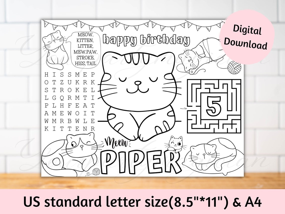 Personalized Cat Activity Sheet Kitty Birthday Party Favors Cat Animals ...