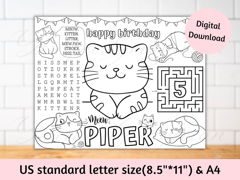 Personalized Cat Activity Sheet Kitty Birthday Party Favors Cat Animals ...