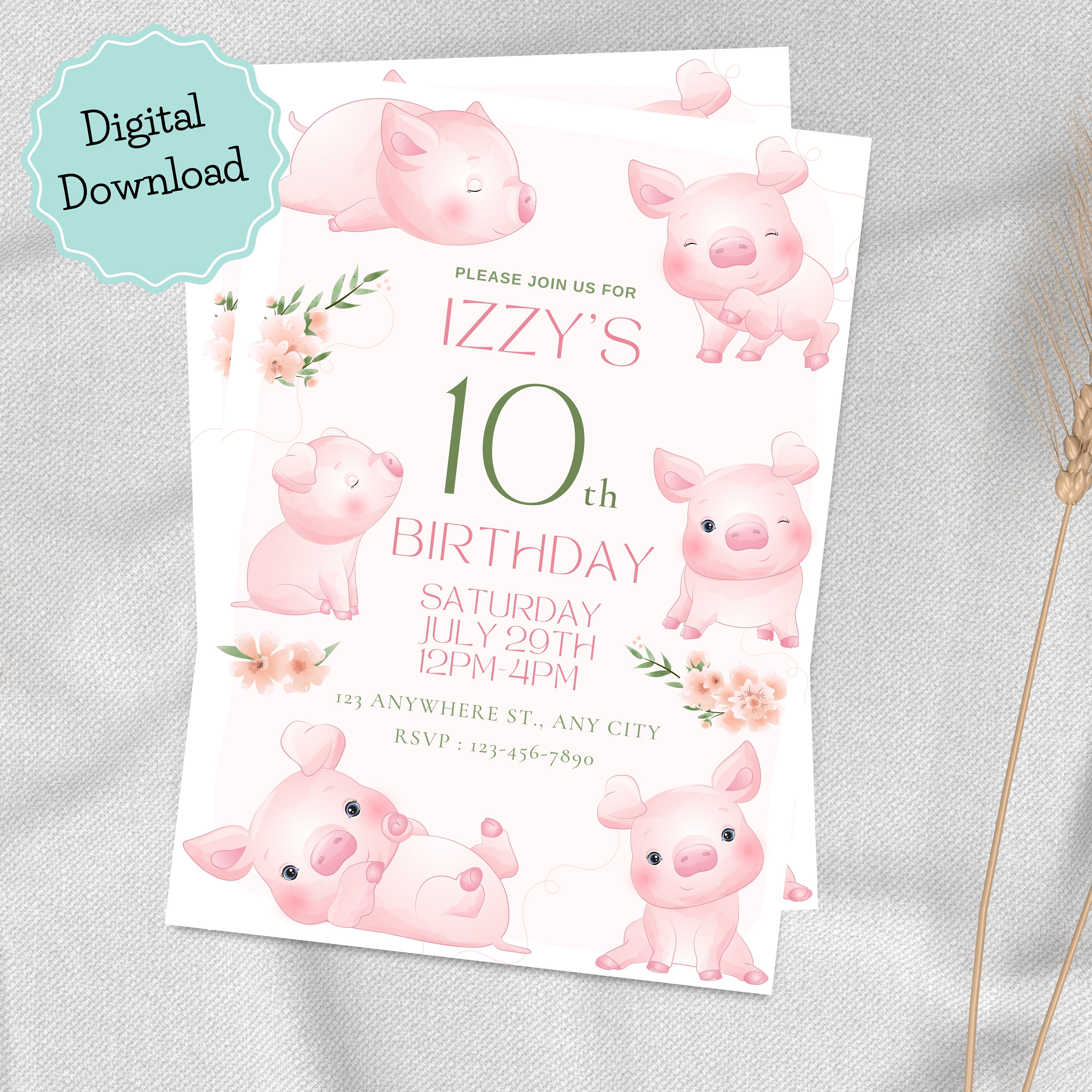 Printable Farm Party Animal Invitation, Pink Farm Pig Birthday Invite ...