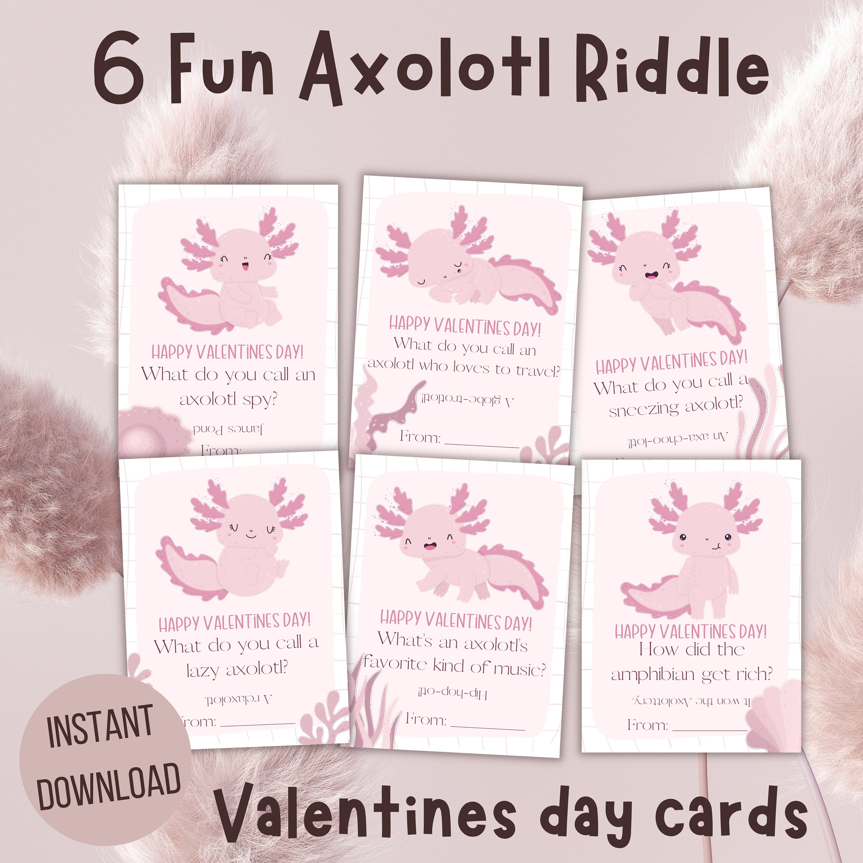 Printable Fun Pink Riddle Axolotl Valentine's Day Cards, School ...