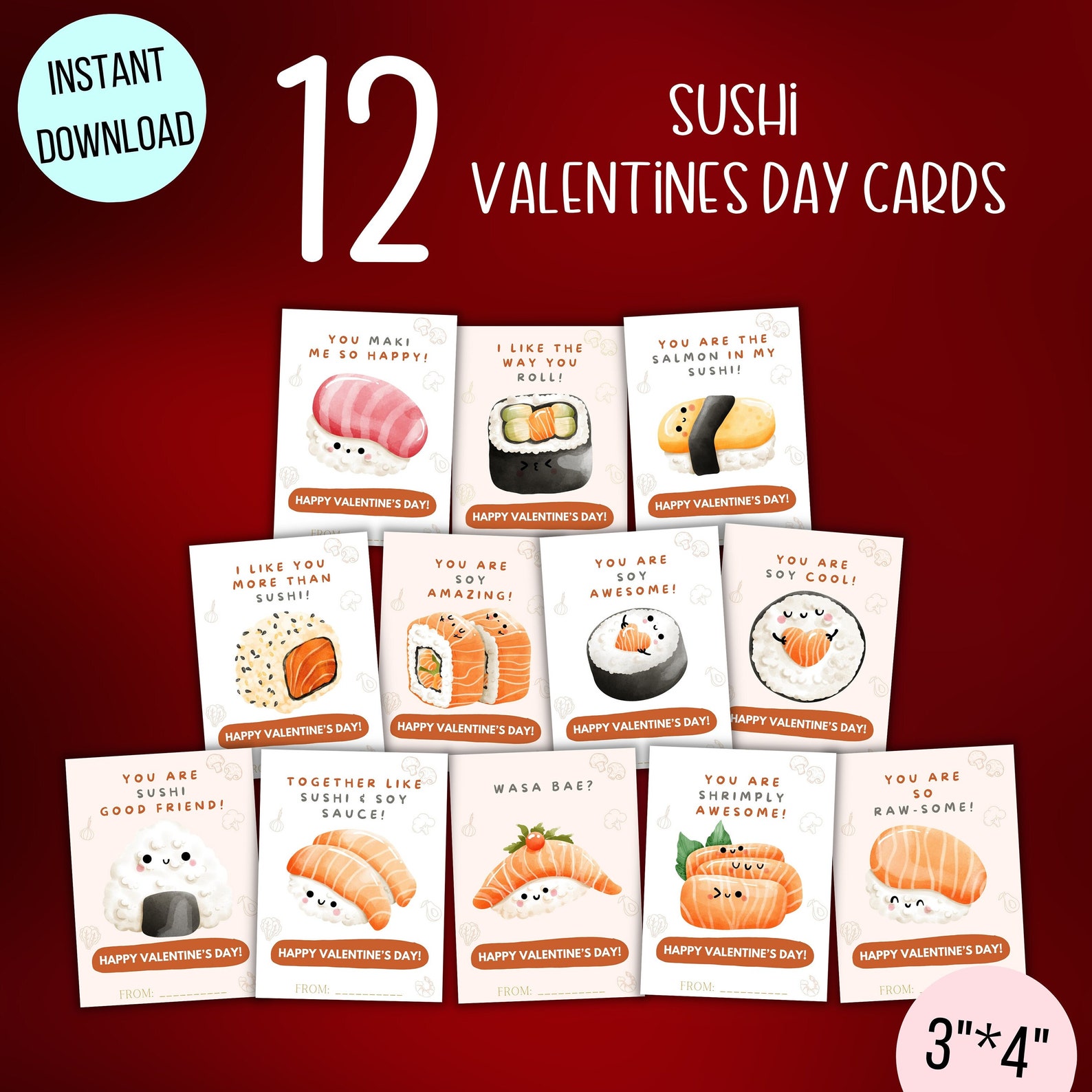 Kids Classroom School Valentines Day Cards, Preschool Sushi Valentines ...