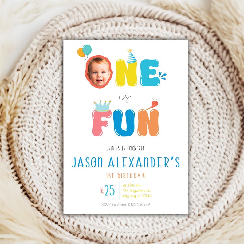 Printable One is Fun Photo Birthday Invitation, Gender Neutral Fun to ...