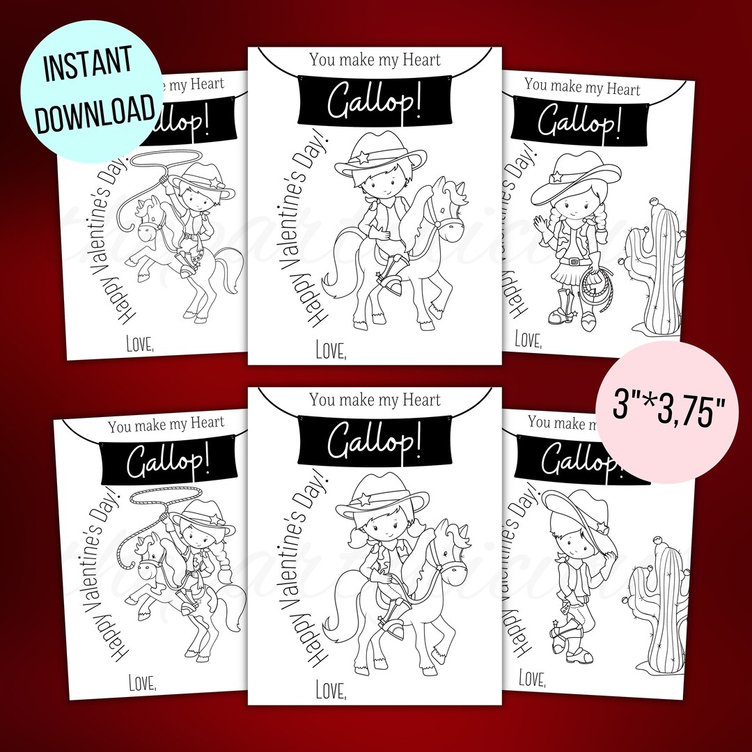 Printable Cowgirl Cowboy Coloring Valentines Day Card, Horse Coloring ...