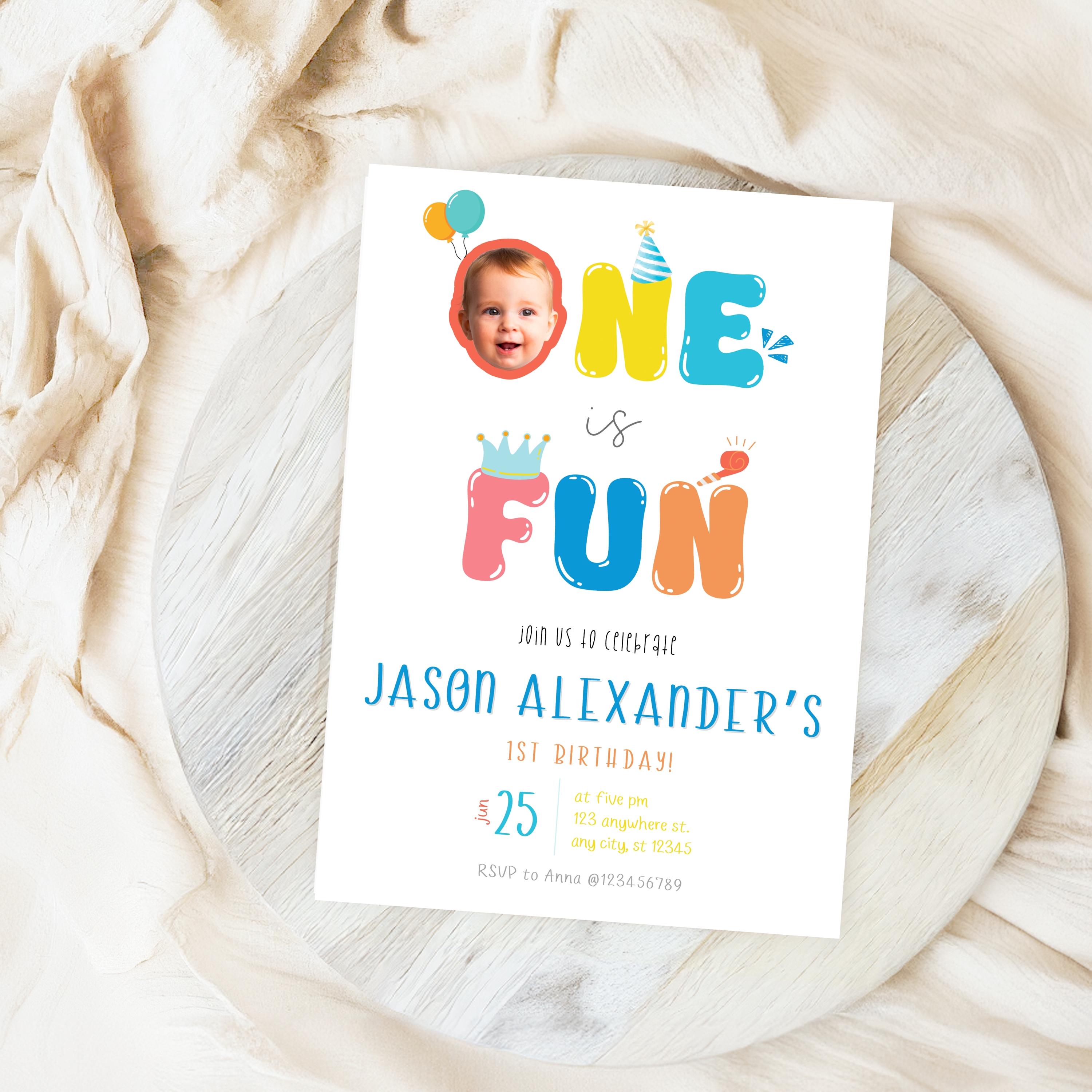 Printable One is Fun Photo Birthday Invitation, Gender Neutral Fun to ...
