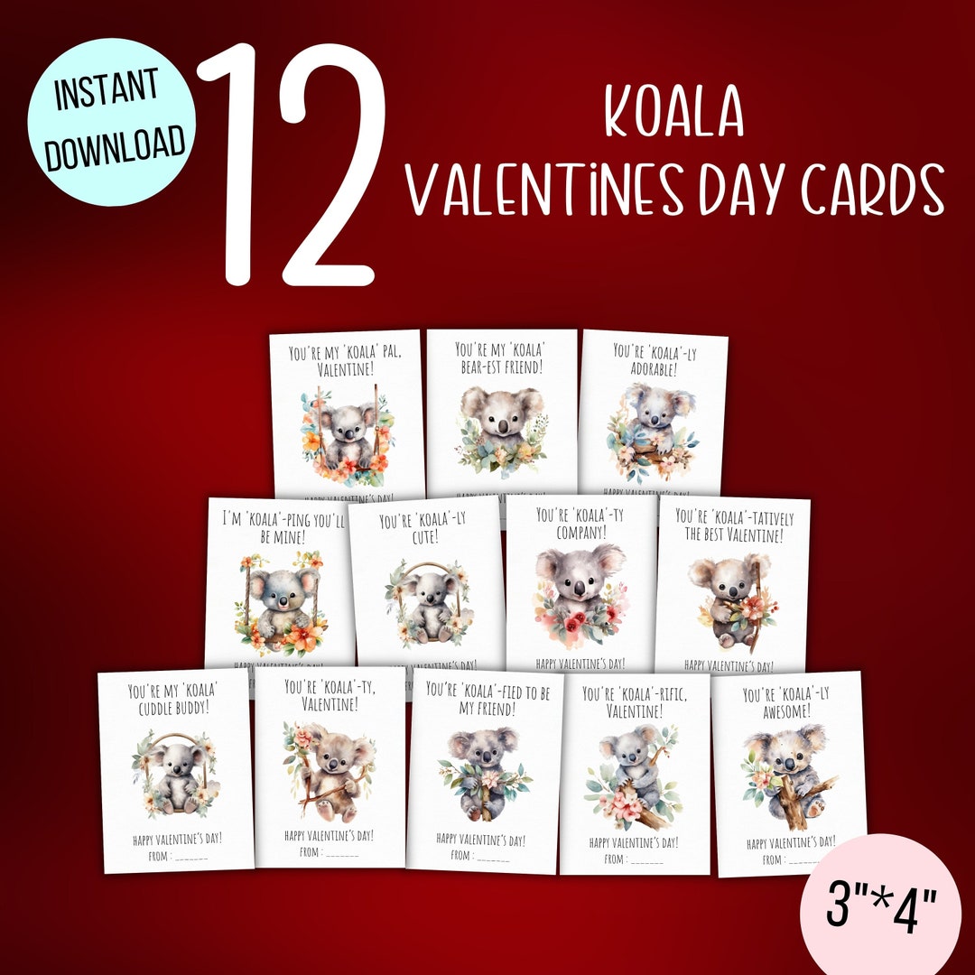 Printable Koala Valentine's Day Cards, Kids Classroom School Valentines ...