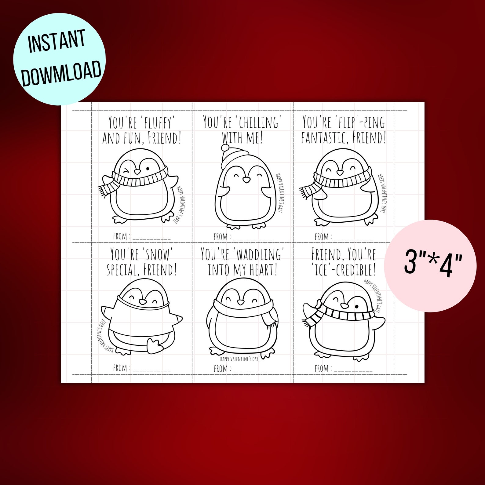 Printable Penguin Coloring Valentines Cards for Kids, Penguin Kids ...