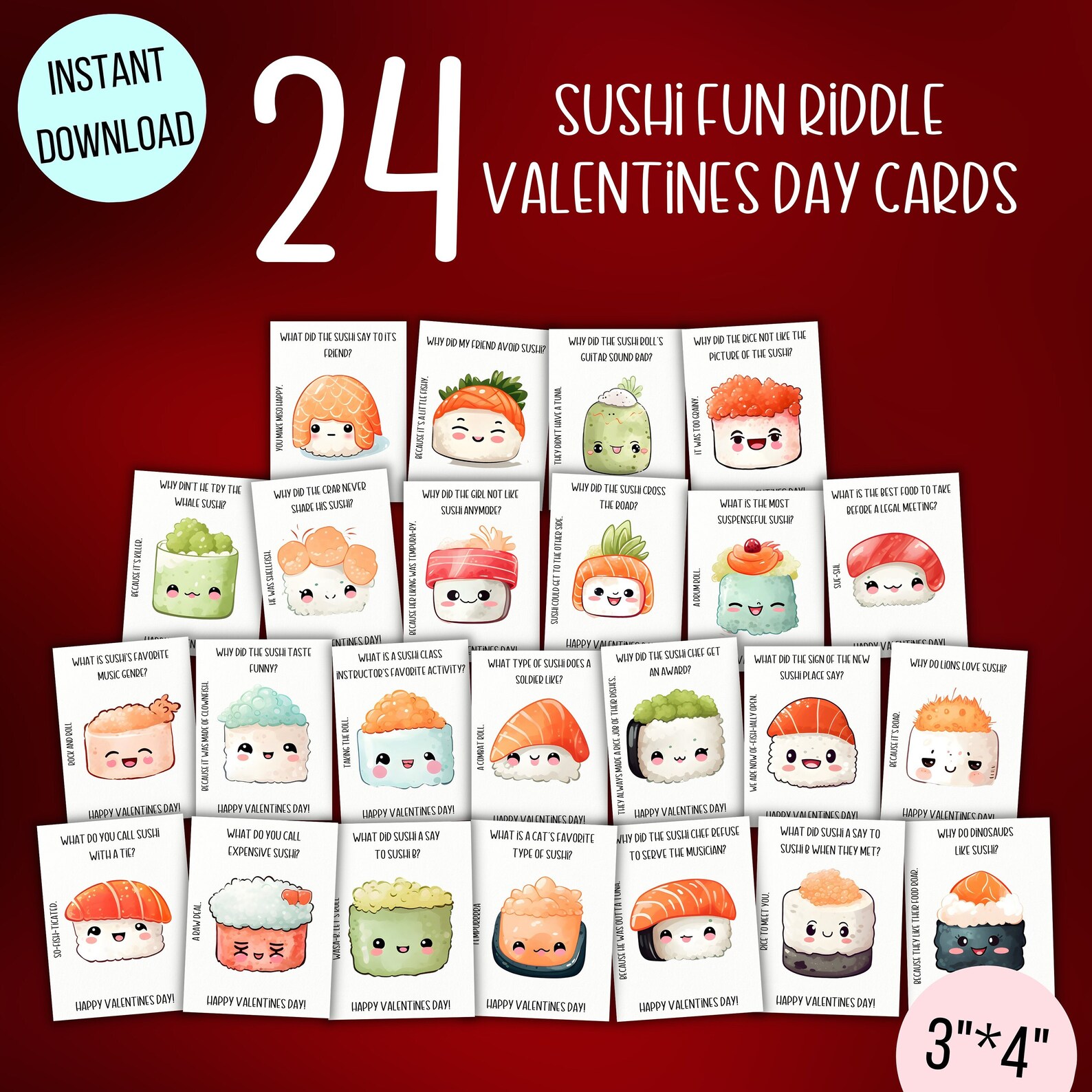 Printable Riddles Sushi Valentine's Cards for Kids, Food Funny Riddles ...