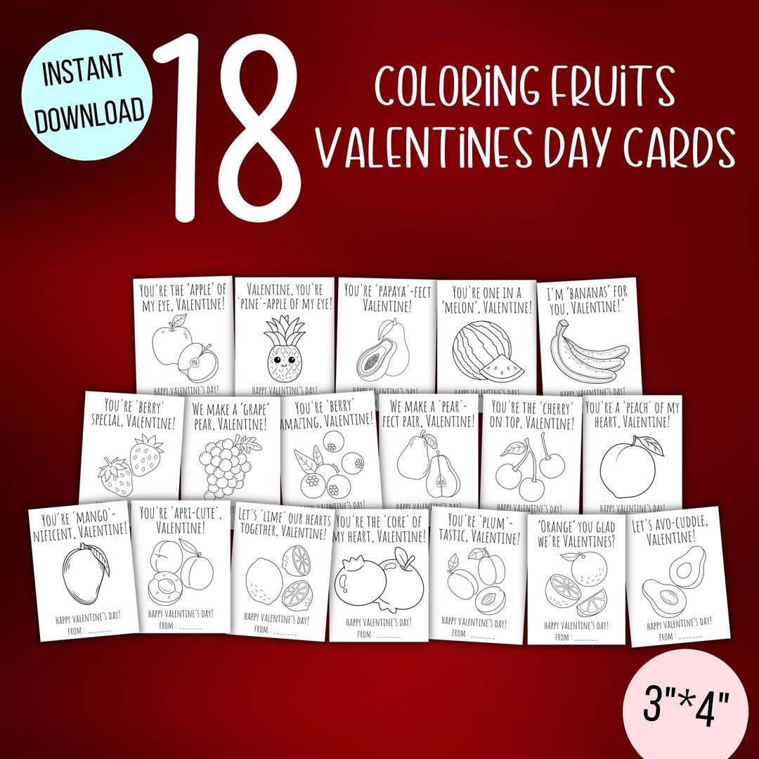 Printable Fruits Valentine's Cards for Kids, Coloring Fruits Valentines ...