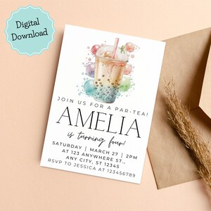 Printable Bubble Tea Birthday Party Invitation, Cute Rainbow Bubble Tea ...
