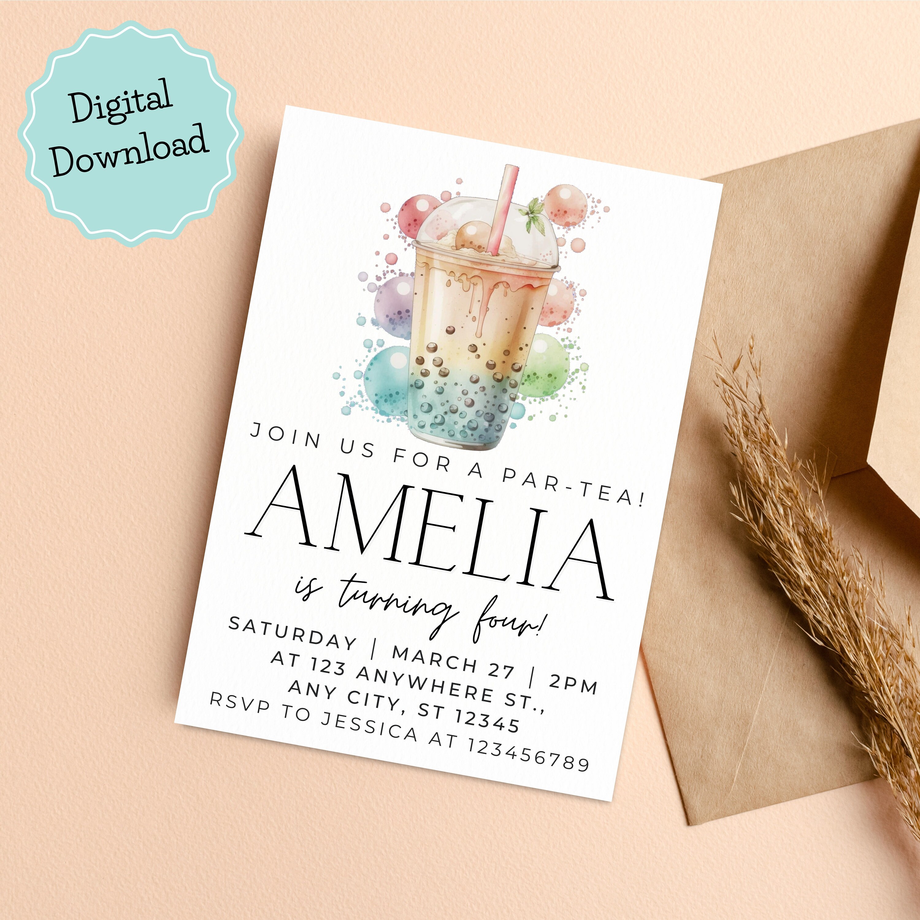 Printable Bubble Tea Birthday Party Invitation Cute Rainbow - Etsy