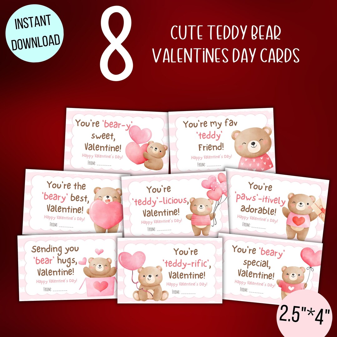 Printable Teddy Bear Valentine's Cards for Kids, Cute Teddy Classroom ...