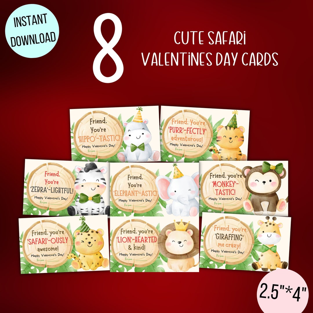 Printable Wild Animals Valentine's Cards, Safari Classroom Wild About ...