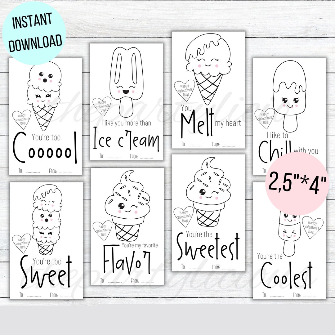 Printable Ice Cream Coloring Valentine's Day Card, Cute Ice Cream ...