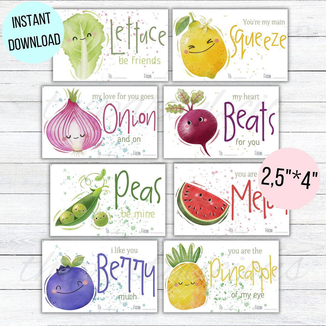 Printable Fruits Valentines Day Cards for School, Fruit and Veggies ...