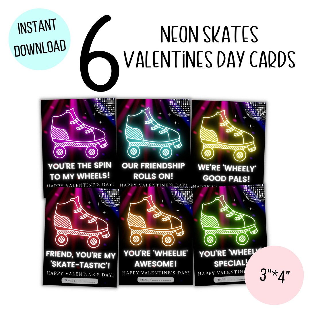 Printable Skates Valentines Cards for Kids, Girls Neon Roller Skates ...