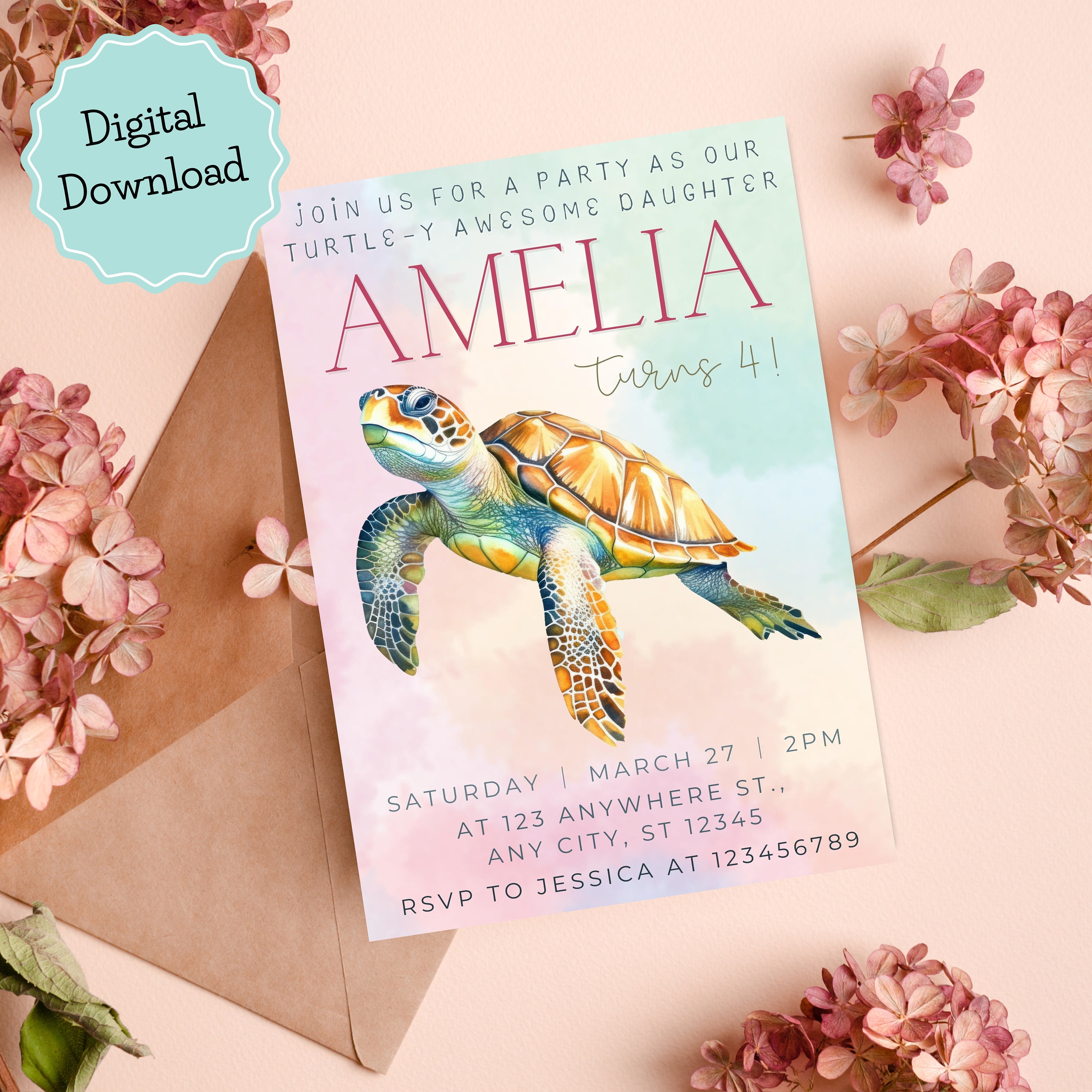 Printable Turtle Invitation Watercolor Turtle Birthday - Etsy