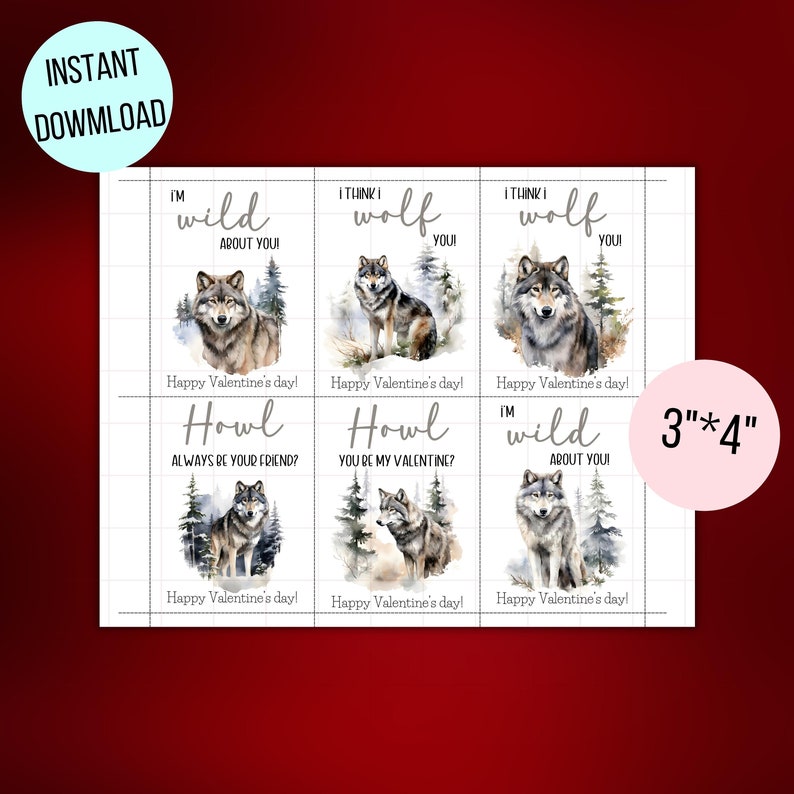 Printable Wild Wolf Valentine's Cards for Kids, Animals Wolf Valentines ...