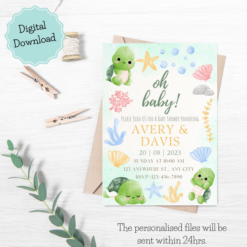 Printable Ocean Sea Turtle Baby Shower Invitation, Watercolor Sea ...