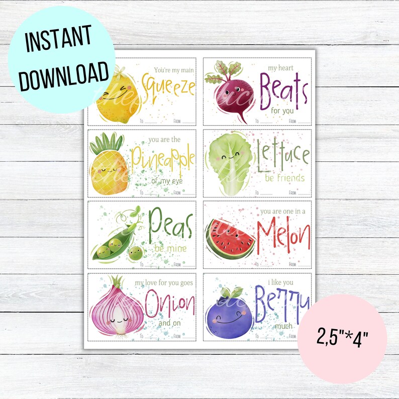 Printable Fruits Valentines Day Cards for School, Fruit and Veggies ...