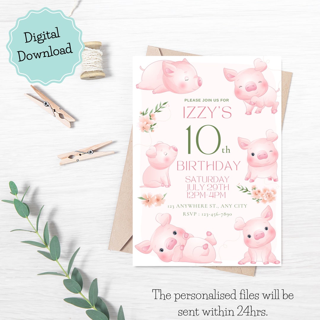 Printable Farm Party Animal Invitation, Pink Farm Pig Birthday Invite ...