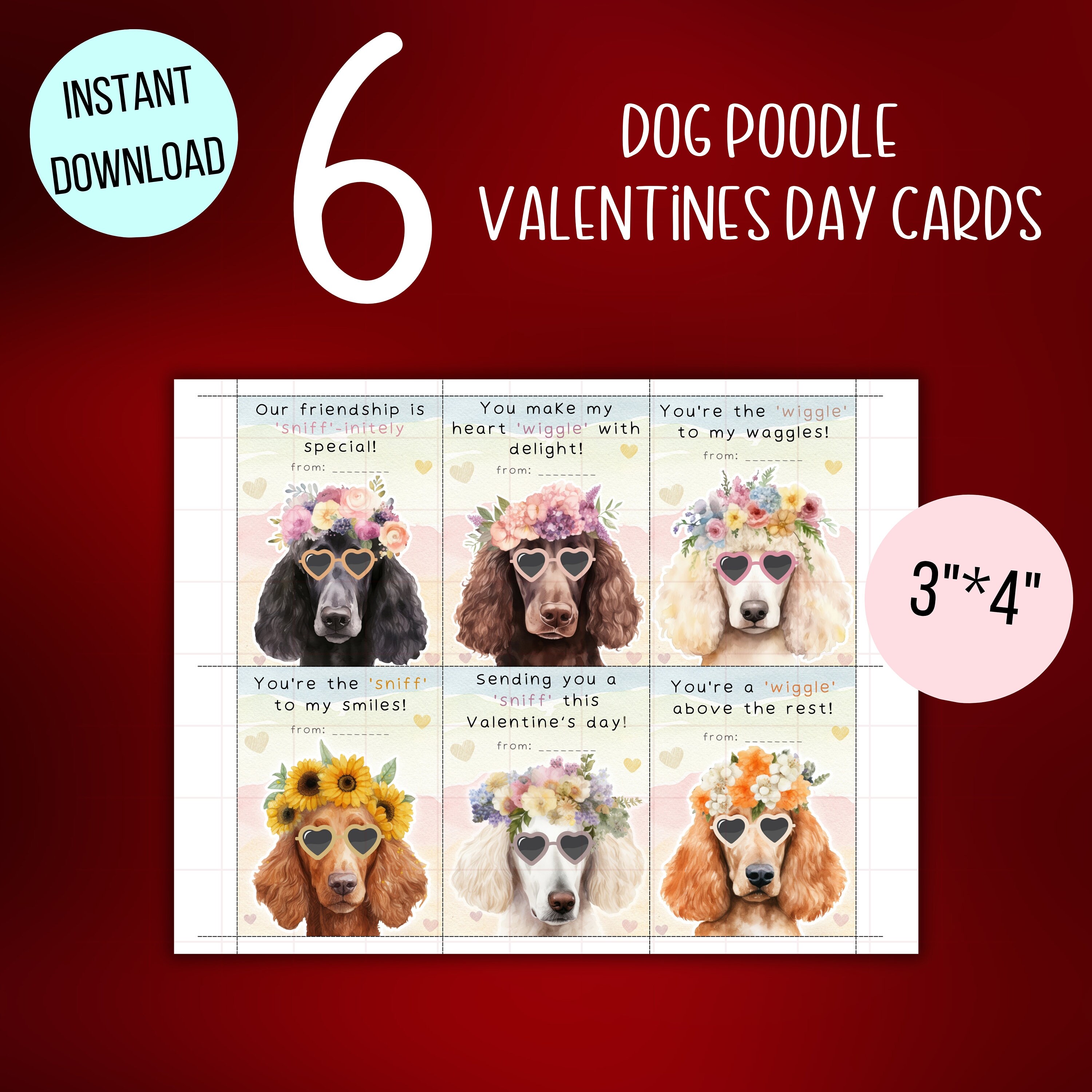 Printable Poodle Dog Valentine's Day Cards, Poodle Valentines Cards for ...