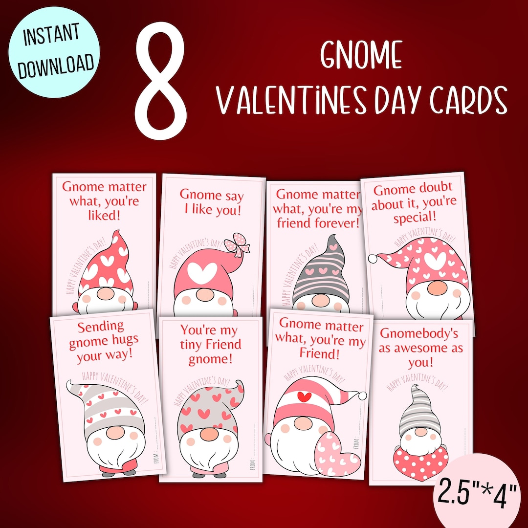 Printable Gnome Valentine's Cards for Kids, Gnome Printable Kids ...