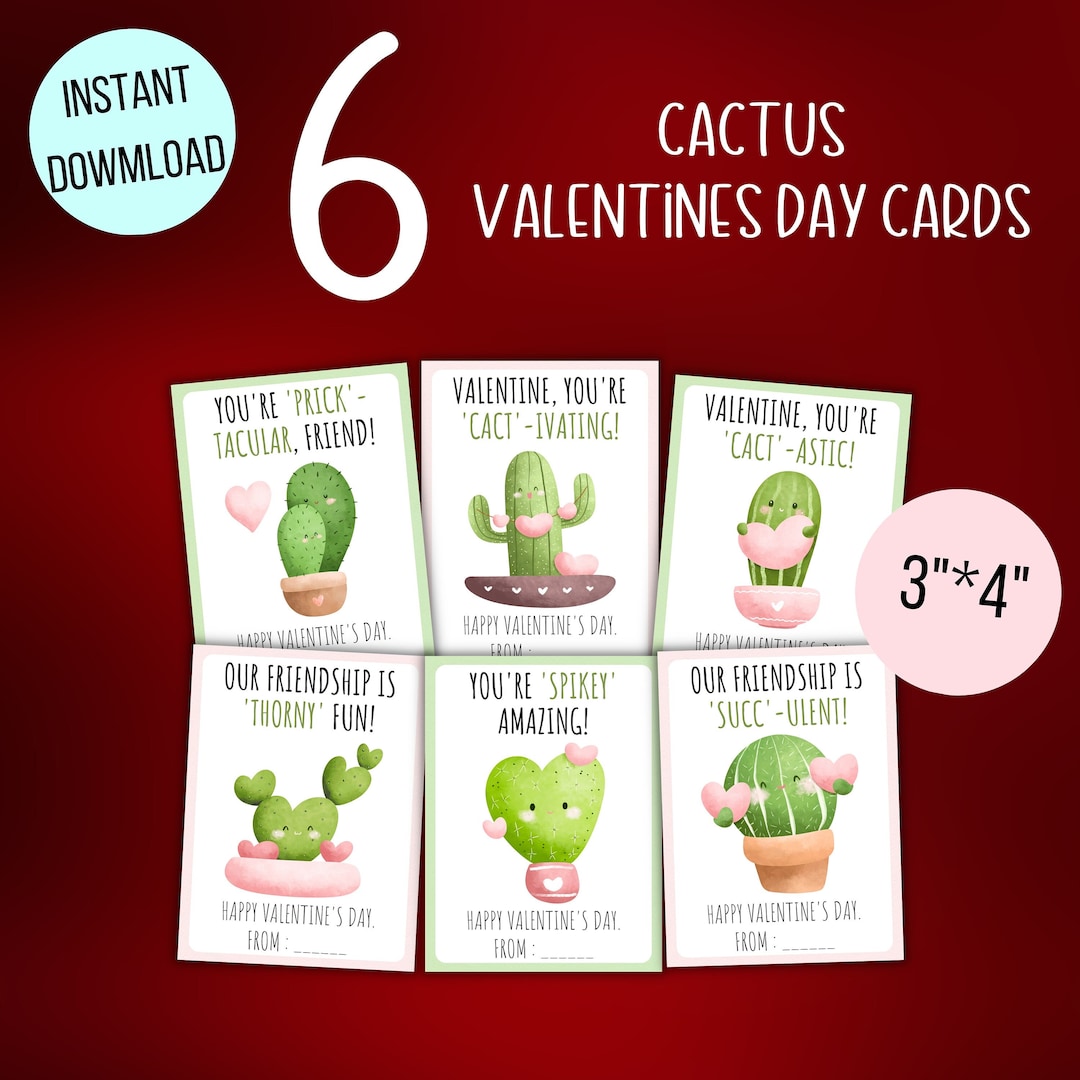 Printable Succulent Cactus Valentine's Day Cards for School, Girl ...