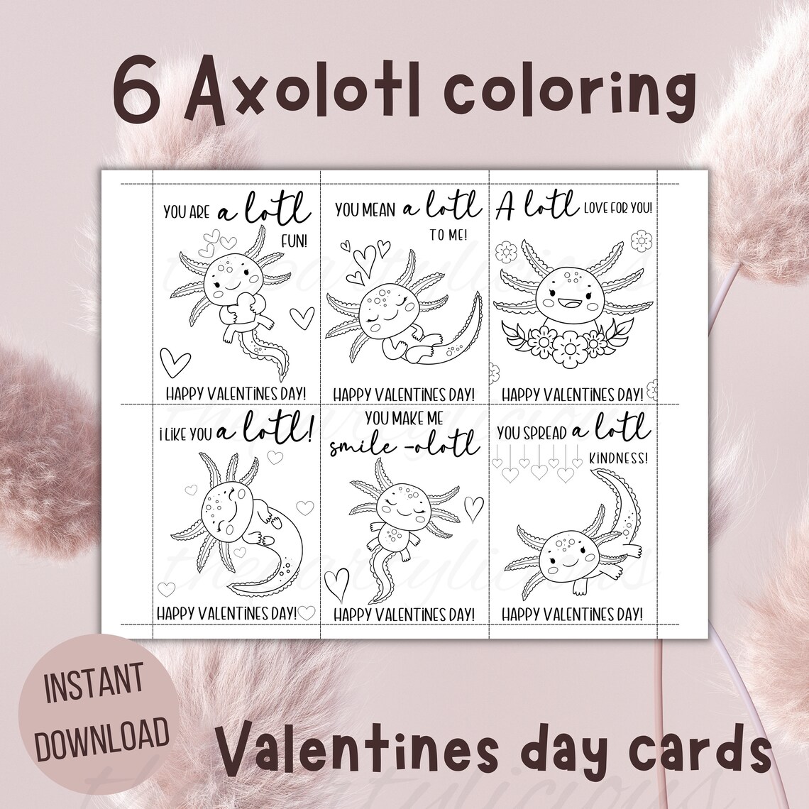 Printable Axolotl Coloring Valentine's Day Cards, School Classroom ...