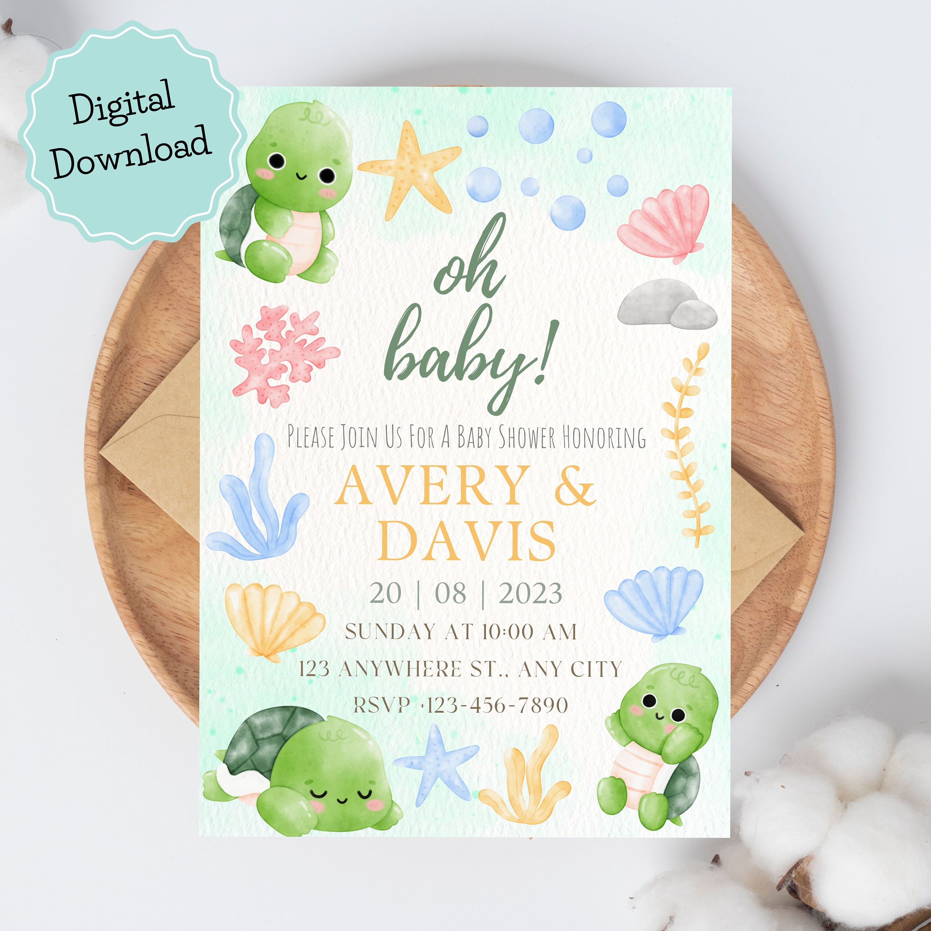 Printable Ocean Sea Turtle Baby Shower Invitation, Watercolor Sea ...