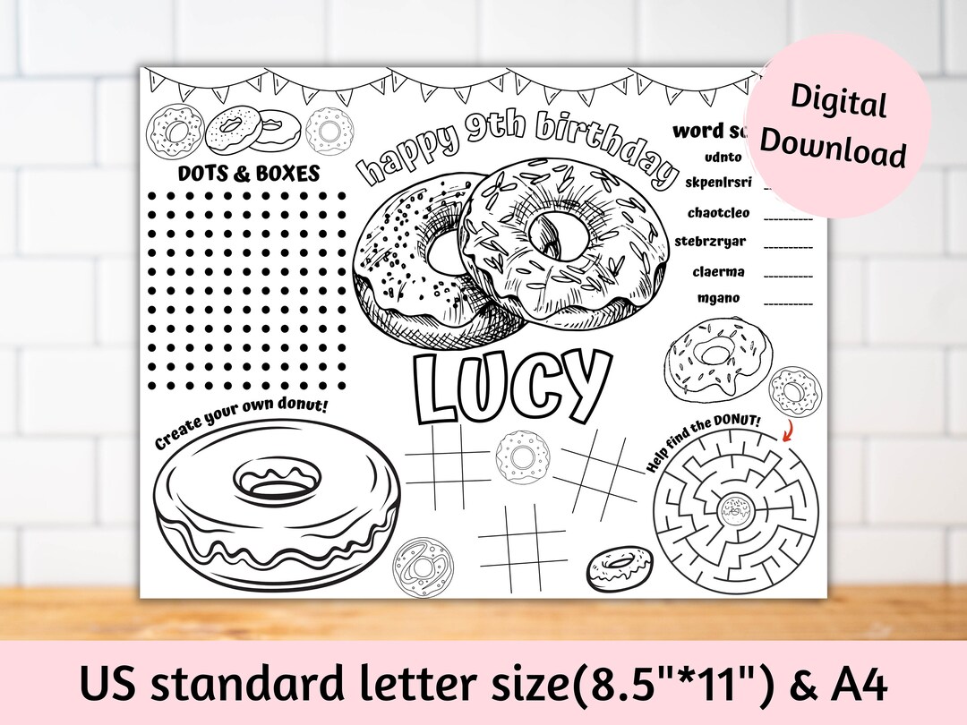 Personalized Donut Activity Sheet, Donut Coloring Page, Donut Placemats ...
