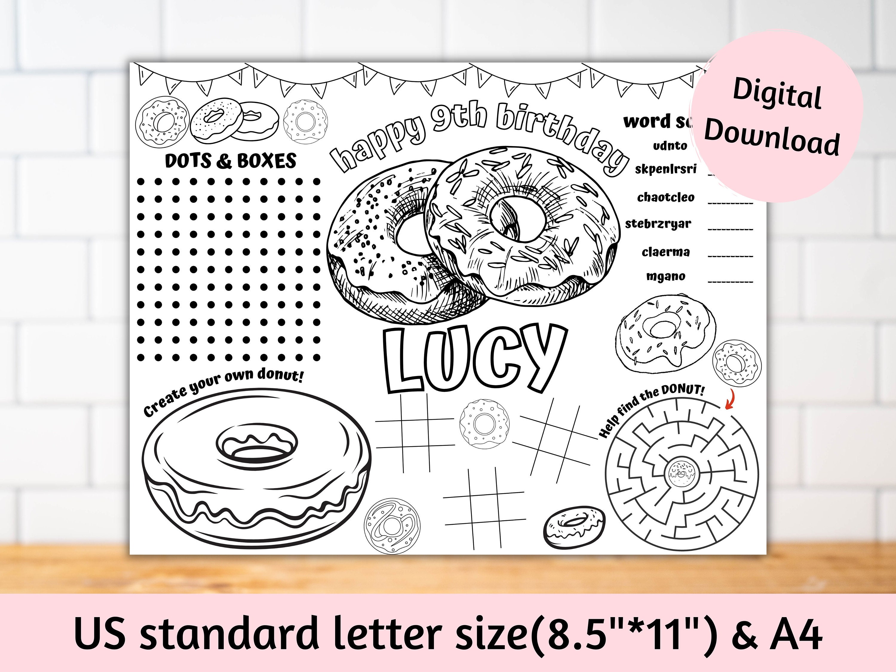 Personalized Donut Activity Sheet, Donut Coloring Page, Donut Placemats ...