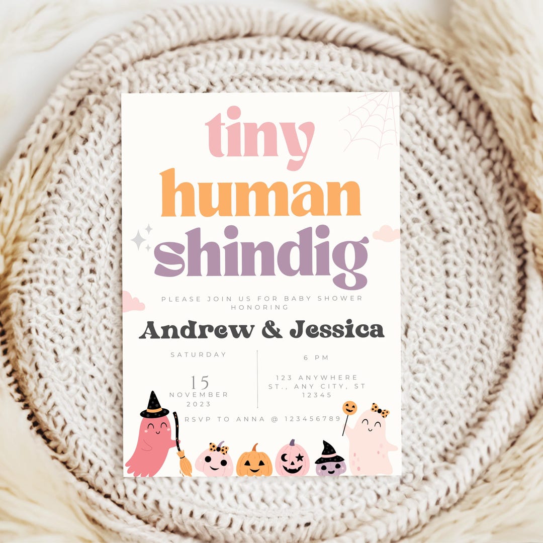 Halloween Tiny Human Shindig Invitation, Modern Baby Shower Invite ...