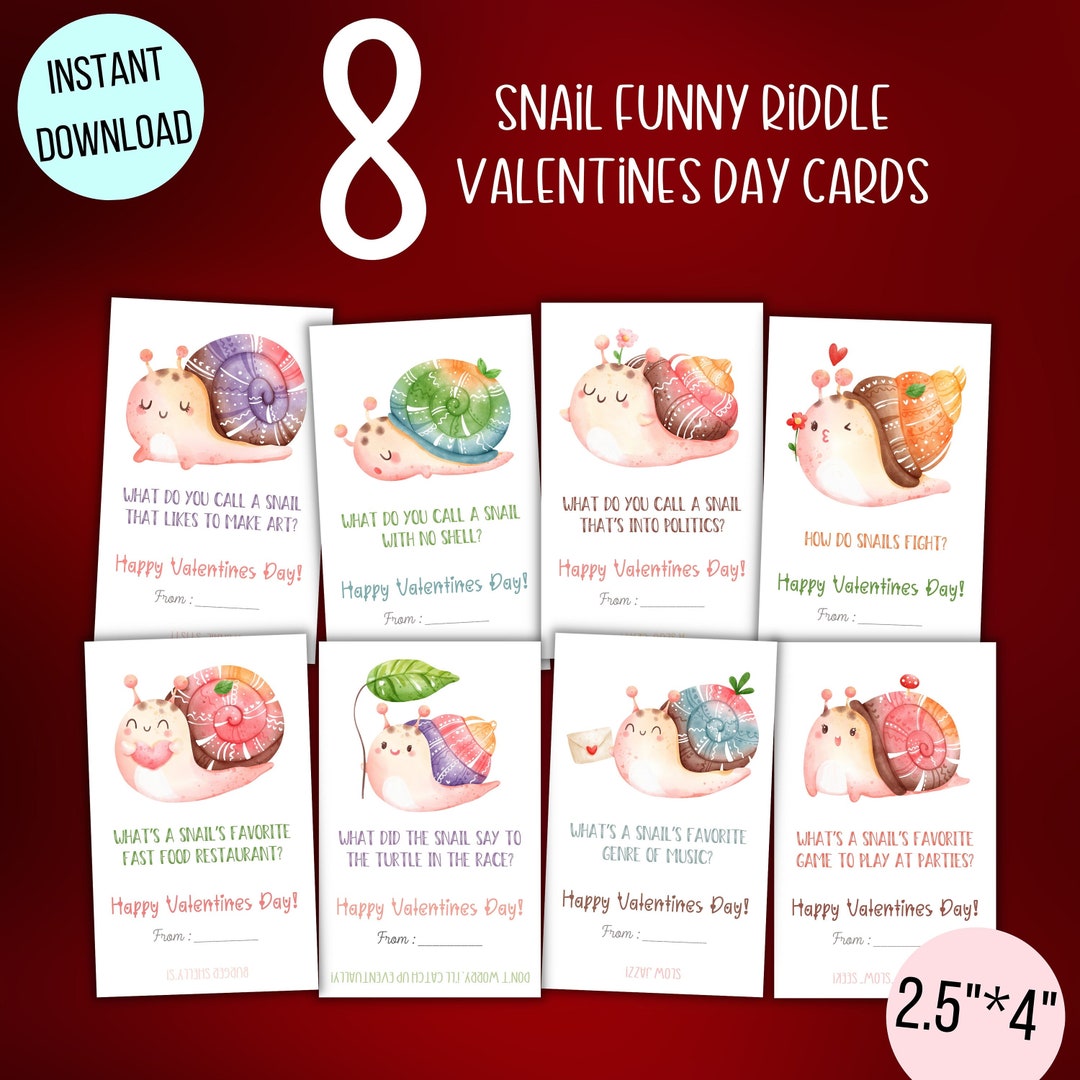 Printable Riddles Snail Valentines Cards for Kids, Funny Animals Snail ...