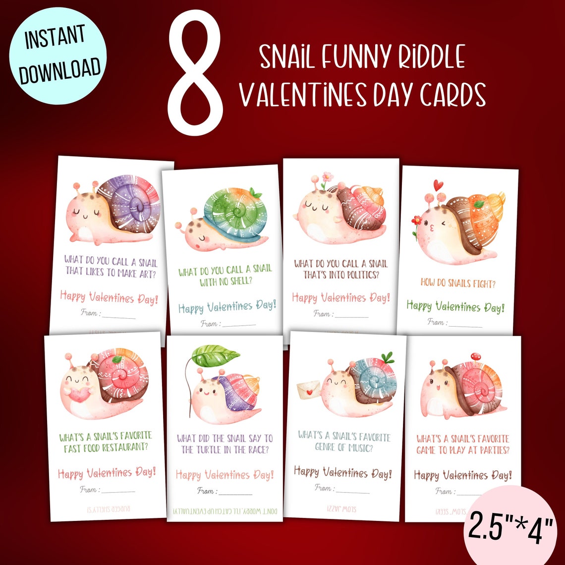 Printable Riddles Snail Valentines Cards for Kids, Funny Animals Snail ...