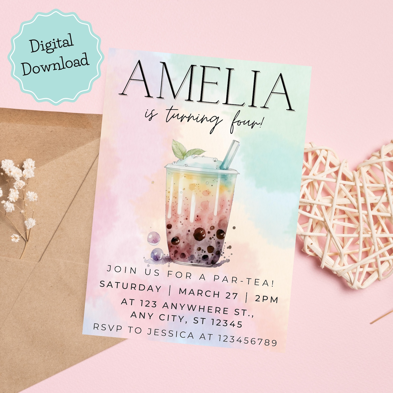 Printable Boba Bubble Tea Birthday Party Invitation, Cute Rainbow ...